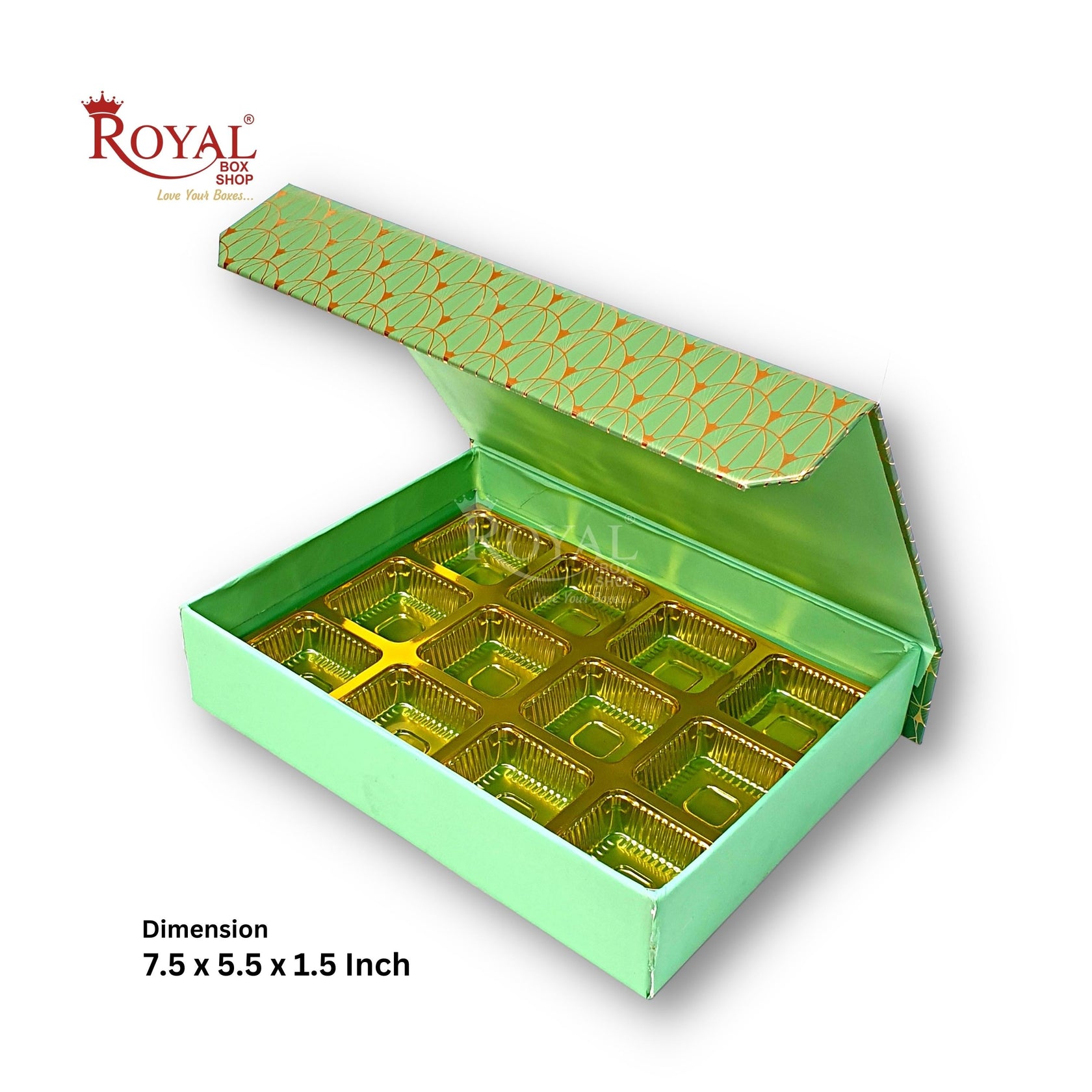 Rigid Chocolate Boxes 12 Cavity With Magnetic Flap I Green with Gold F – Royal Box Shop